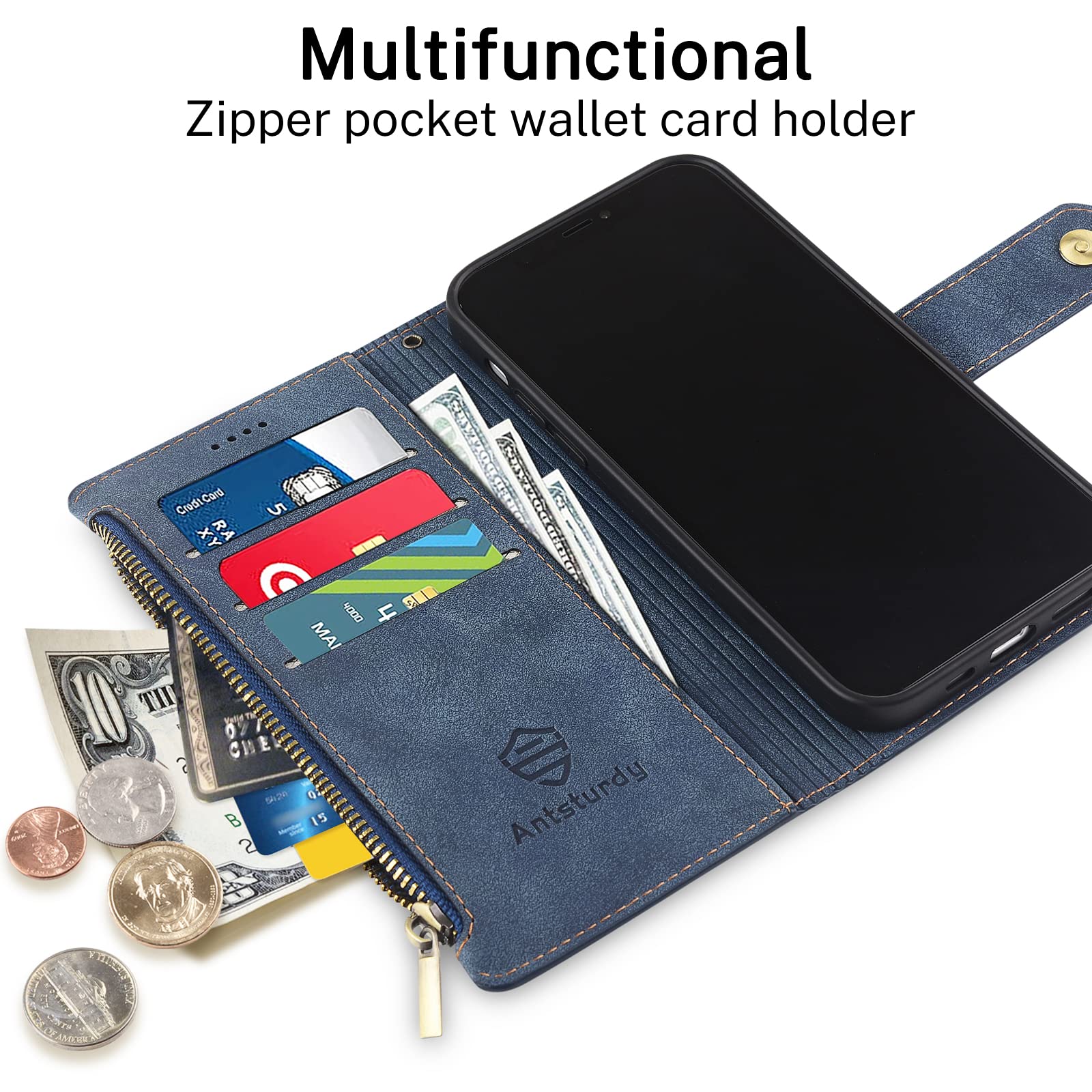 Antsturdy Samsung Galaxy A54 5G Wallet case with Card Holder for Women Men,Galaxy A54 Phone case RFID Blocking PU Leather Flip Shockproof Cover with Strap Zipper Credit Card Slots,Blue