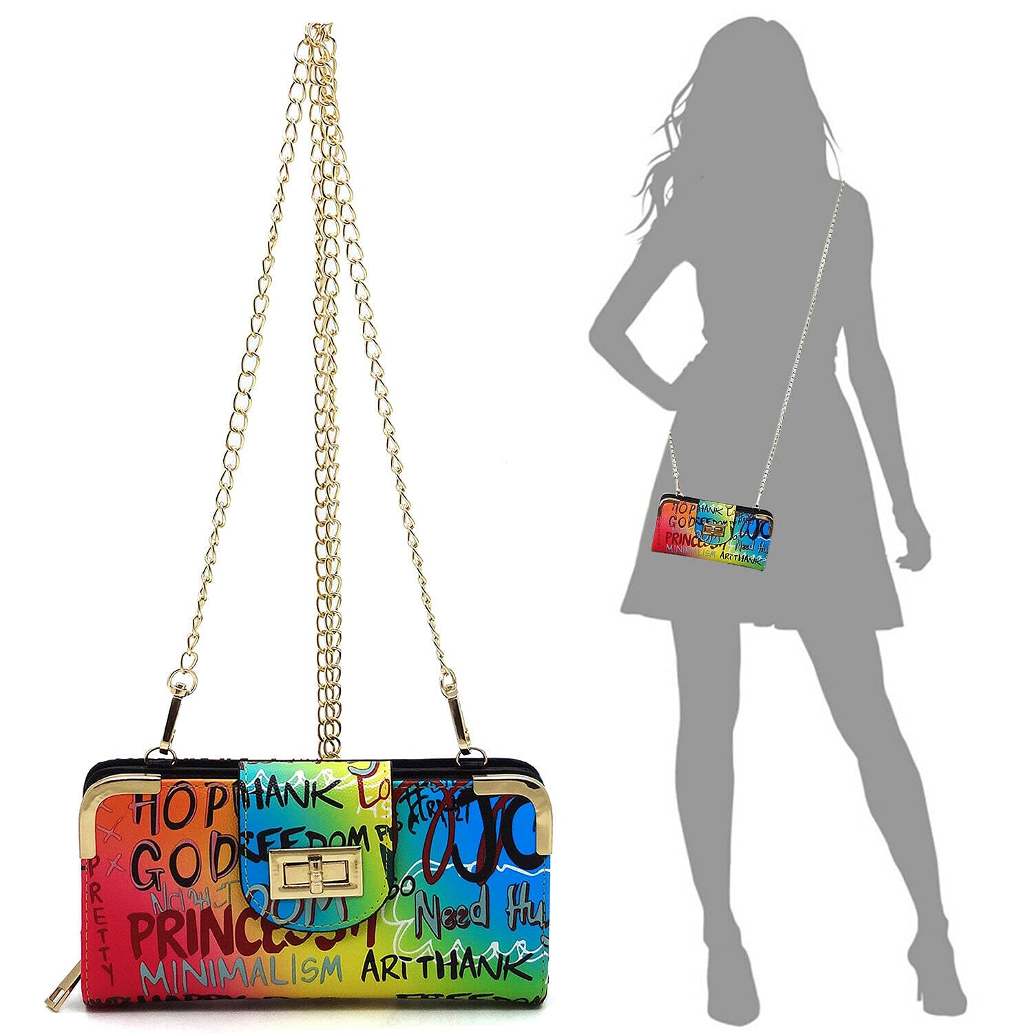 Multicolor Graffiti Printed Cell Phone Purse Wallet Smartphone Crossbody Wallet Travel Multifunction Phone Case Wristlet Clutch Wallet (#B-Tan/Yellow)