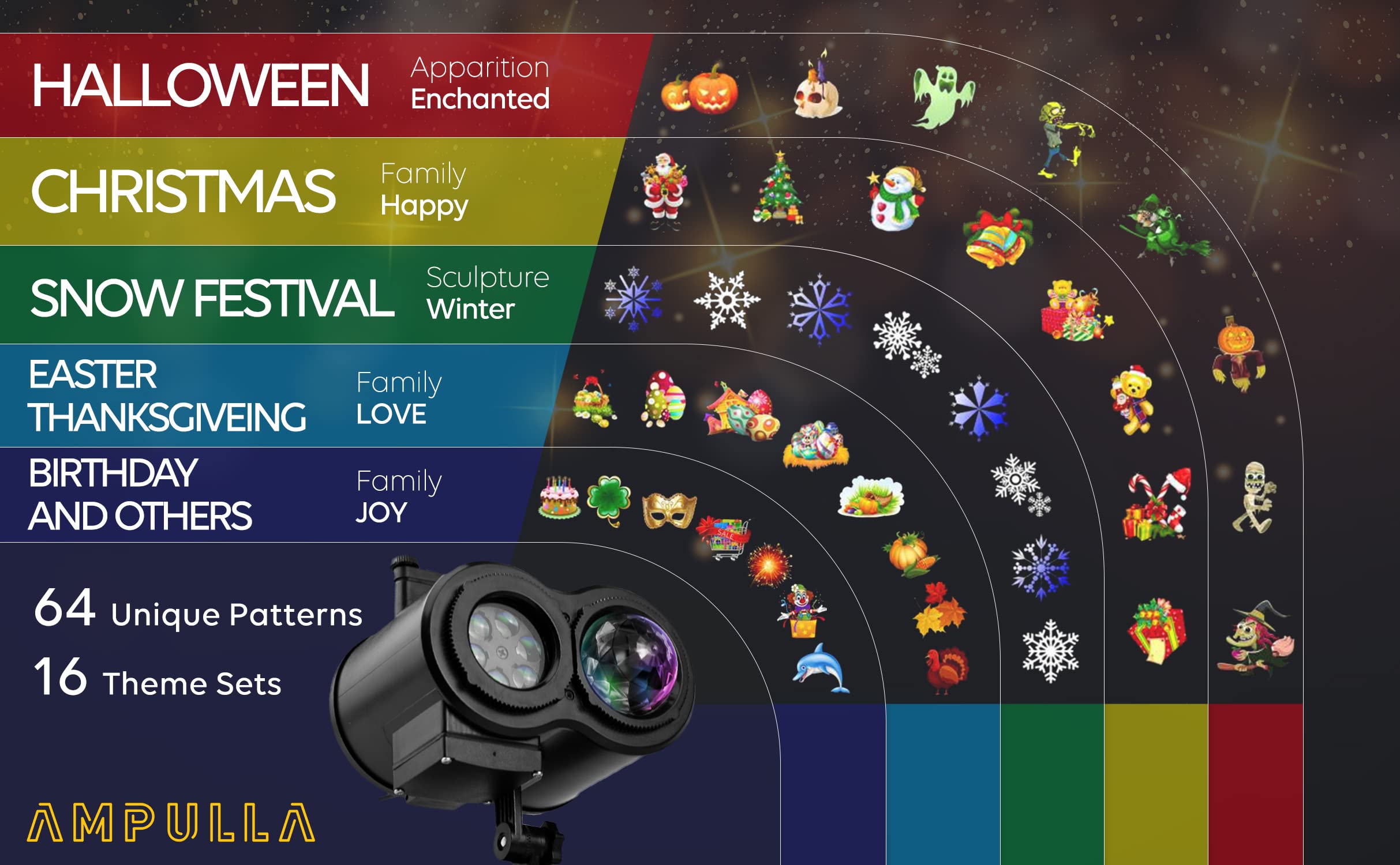 Projector Lights, Ampulla Christmas Halloween Holiday Ocean Wave Projector Lights 2-in-1 26 HD Effects 16/24 Pattern Slides Outdoor Indoor Xmas Theme Party Yard Garden Decorations⦠(16 HD Slides)