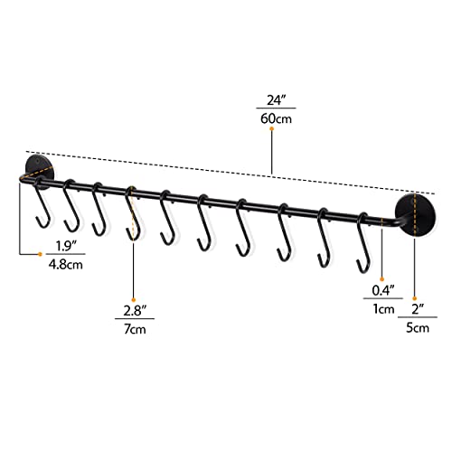 Wallniture 24" Gourmet Kitchen Rail for with 10 S Hooks for Hanging Utensils, Pot Pan Lid Rack Storage Organizer Set, Steel, Black