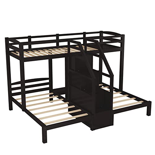 DEYOBED Twin Over Twin & Twin Wooden Triple Bed Bunk Bed with Built-in Storage Staircase and Drawer Storage Board for 3 Kids Adults