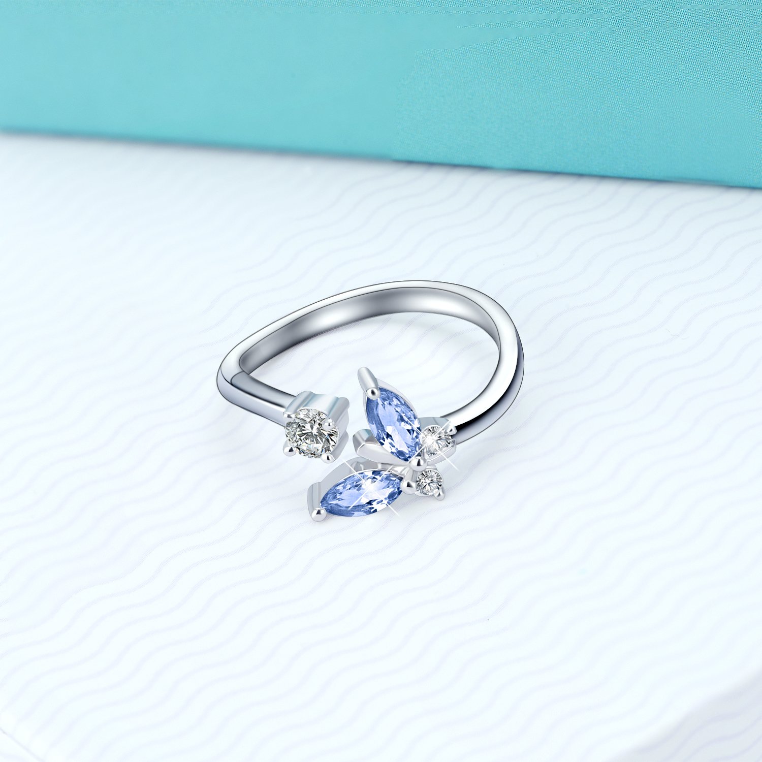 AOBOCO Butterfly Ring Sterling Silver Adjustable Open Rings Blue Butterfly Series Anniversary Jewelry Gifts for Women US Size 6