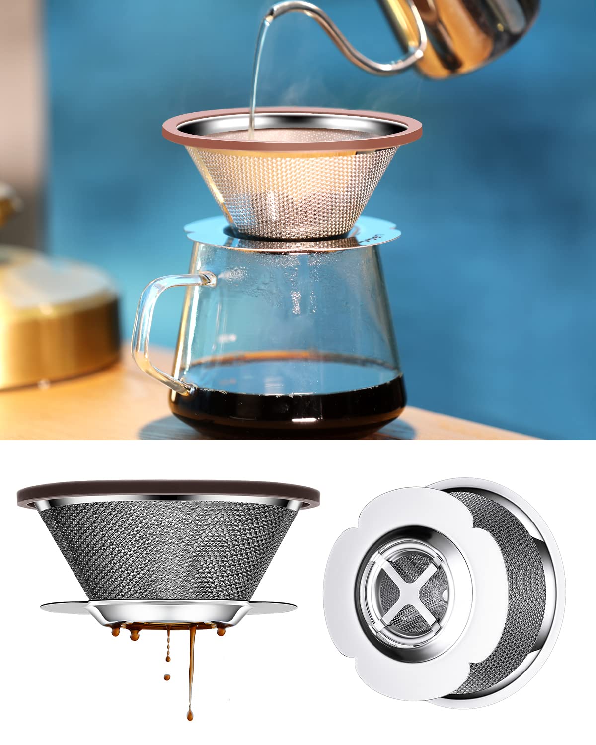 Cnuben Coffee Dripper Cone,Without Filter Stainless Steel Reusable Pour Over Coffee Filter 1-3 Cup Paperless Metal Cone , Cnuben W60