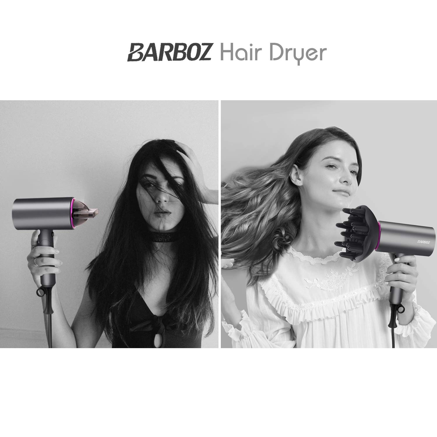 BARBOZ Hair Dryer , Powerful Home Lonic Hair Blow Dryer for Fast Drying , Foldable Hair Blower with Hot,Warm,Cold Settings and Contains Concentrator and Diffuser , Low Noise , Lightweight