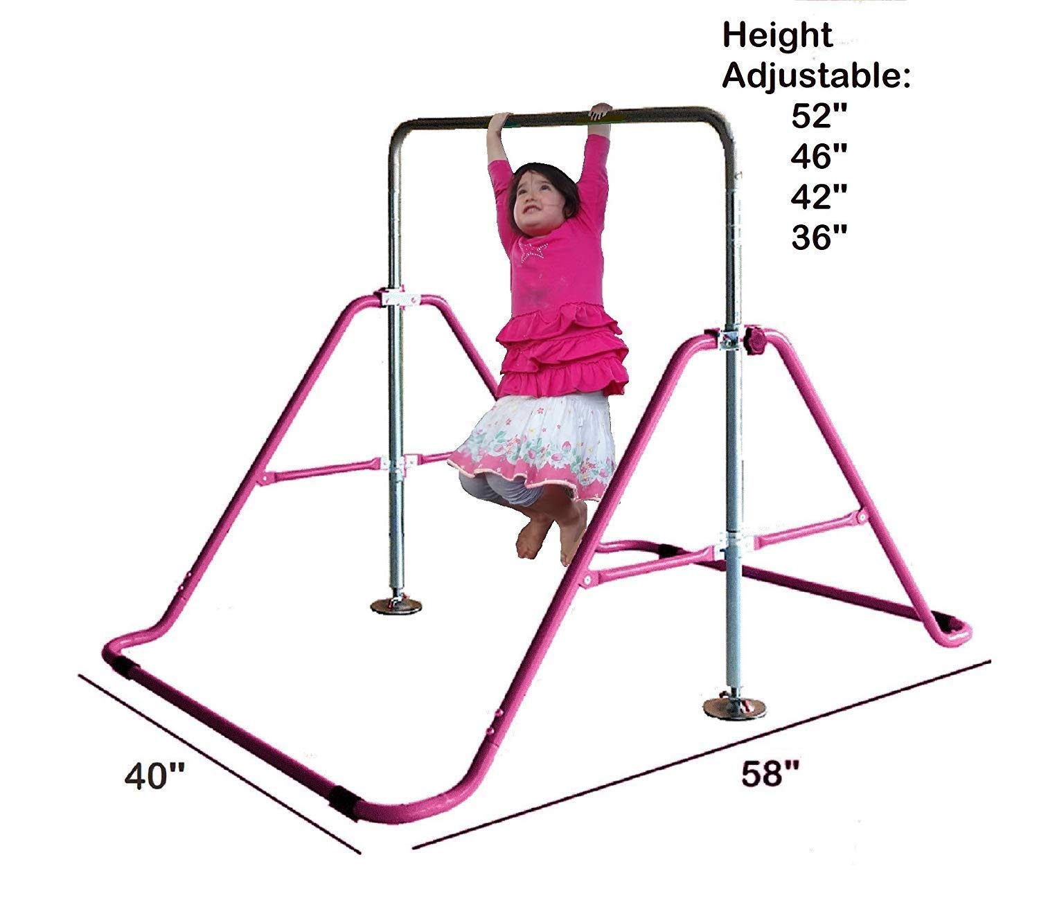 Athletic Bar Kids Gymnastics Bar Horizontal Kip Bar + 2x6 Tri Fold Mat Junior Training Adjustable Expandable Height Jungle Gym Monkey Bars Climb Tower Playground Gymnasts + Stretch Band (Pink)