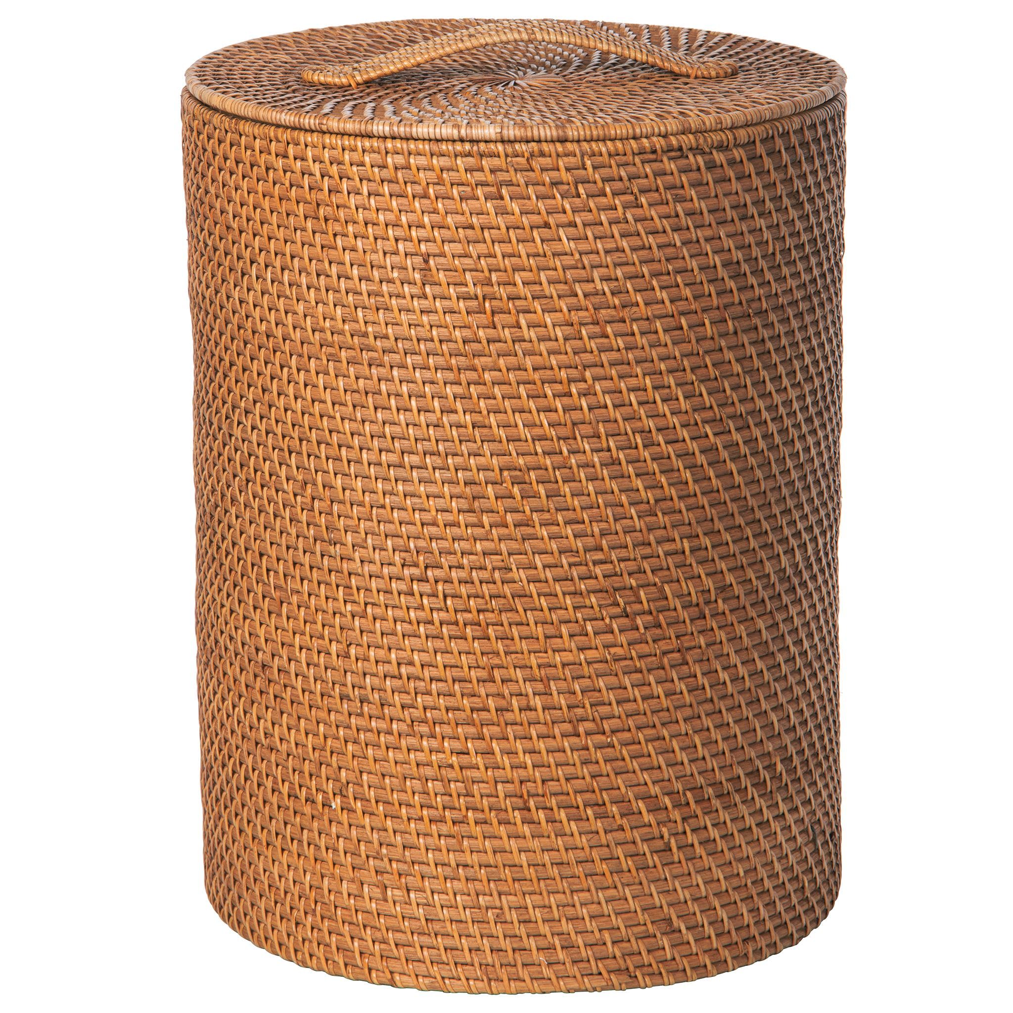 KOUBOO Round Rattan Laundry Hamper with Removable Liner and Lid - Coastal, Natural Decor Style - Small Size for Apartment Living - Honey-Brown -18 in. height