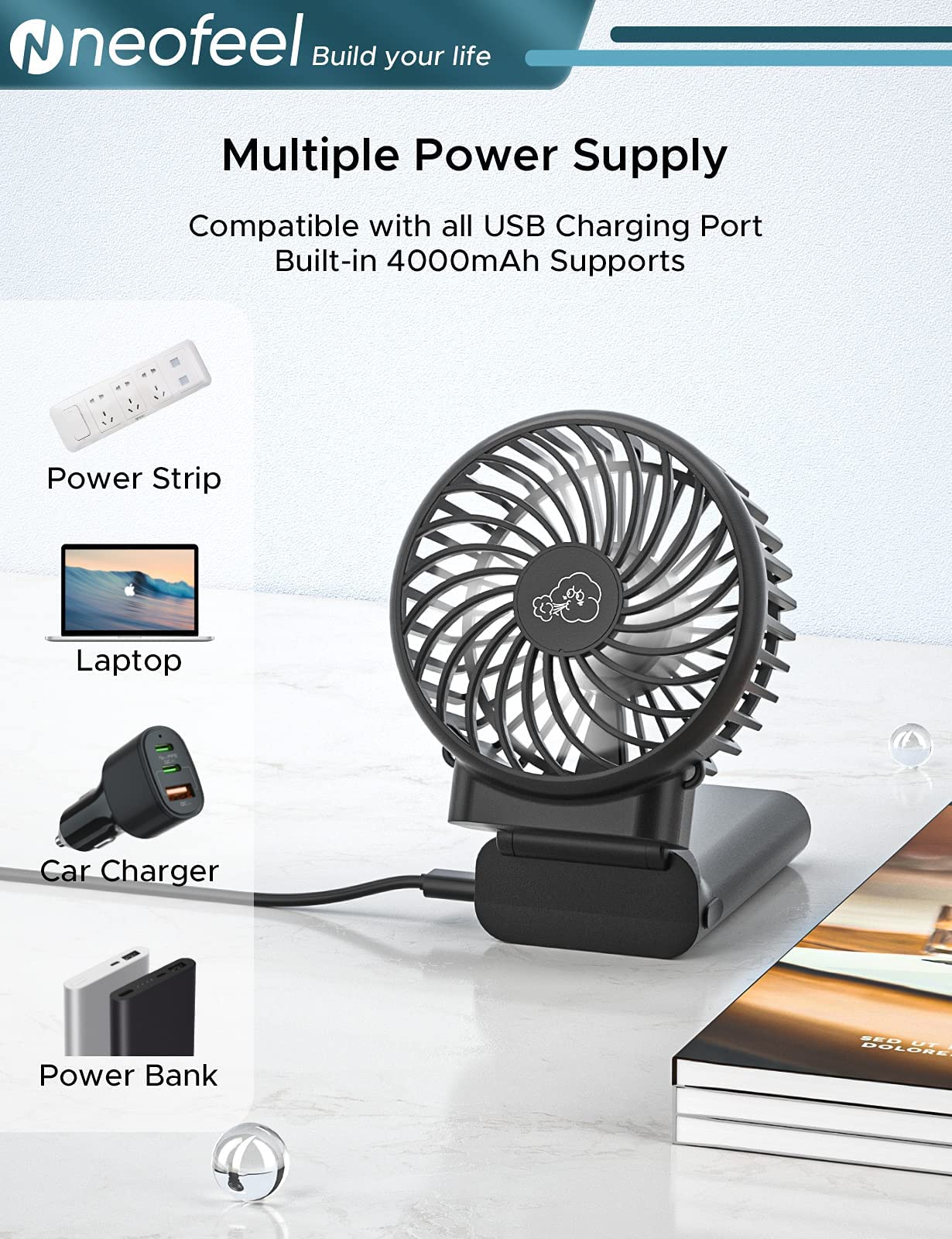 neofeel Portable Handheld Fan, 4000mAh 15hrs Personal Fan with Adjustable Lanyard, 4 Speeds Battery Operated Fan In Rechargeable for Hiking, Travel, Office, School, Camping