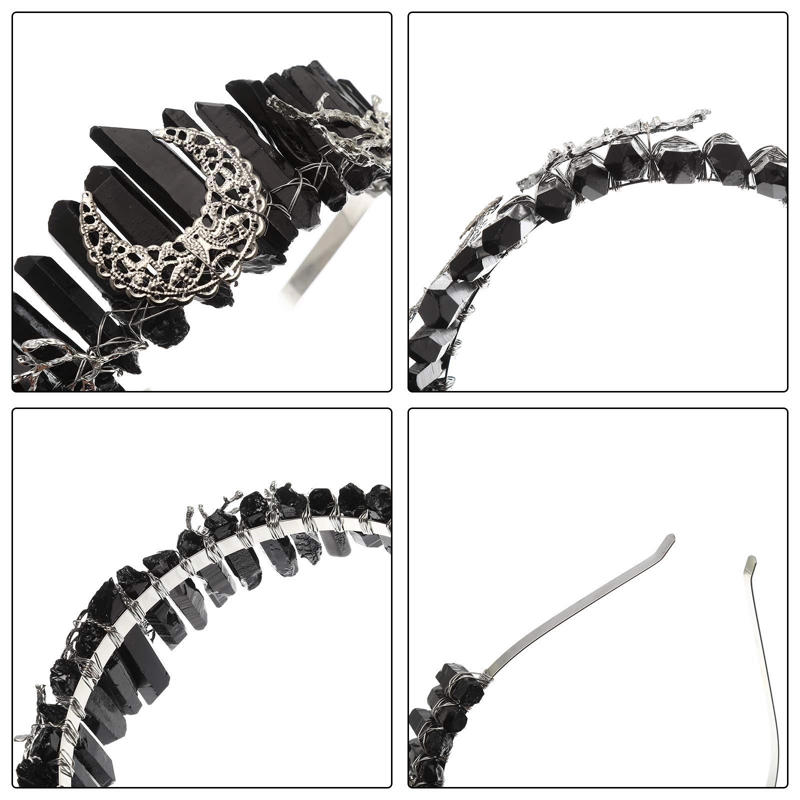 HAIMEIKANG Raw Crystal Quartz Crown Headband Handmade Tiara Natural Stone Headband for Woman Wedding and Parties (Black)