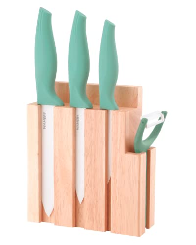 Wamery Ceramic Knife Set with Block - Chef Knife, Utility Knife, Paring Knife Rust Proof Sharp Turquoise Kitchen Knife Set with Wood Block and Fruit Peeler