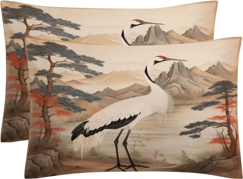 Crane Duvet Cover Oversized King Size Set, Japanese Bedding Bedroom Decor, Comforter Cover & 2 Pillowcases 3 Pieces, Home Collection Quilt Cover