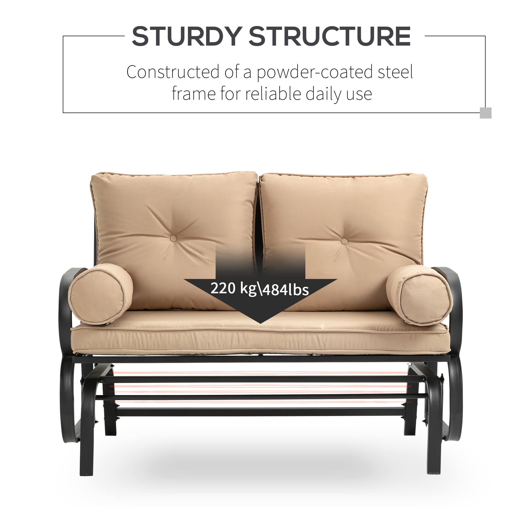 Outsunny Swing Glider Rocking Chair, Double Patio Bench, 2 Person Loveseat with Steel Frame, Cushions, Pillow Armrests, Khaki