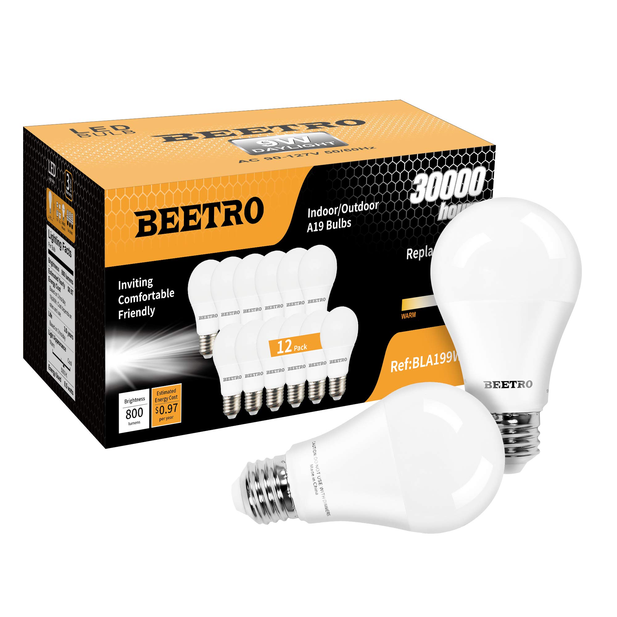 BEETRO Lighting Led Bulbs A19 9w 5000k 63w Equivalent 800 lumens Daylight Pack of 12pcs
