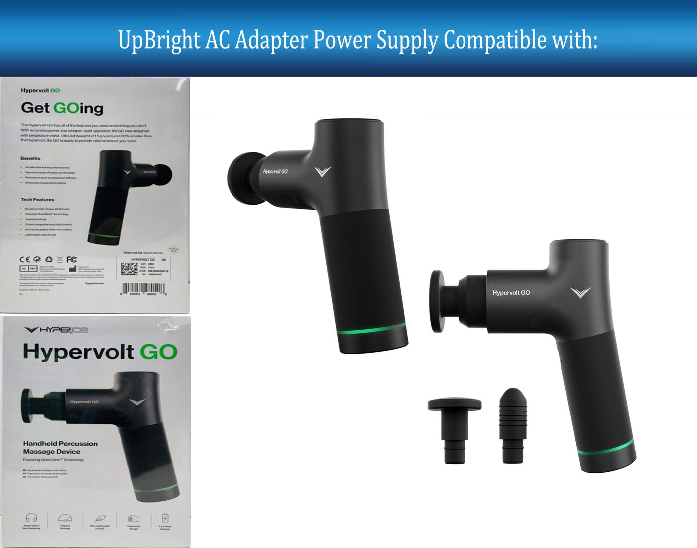 UpBright 18V AC/DC Adapter Compatible with Hyperice Hypervolt GO/Go 2/2 Pro/2 55000 001-00 55200 00100 54200 Massager Handheld Percussion Massage Gun Device MX24Z2-1801000 1A Power Supply Cord Charger