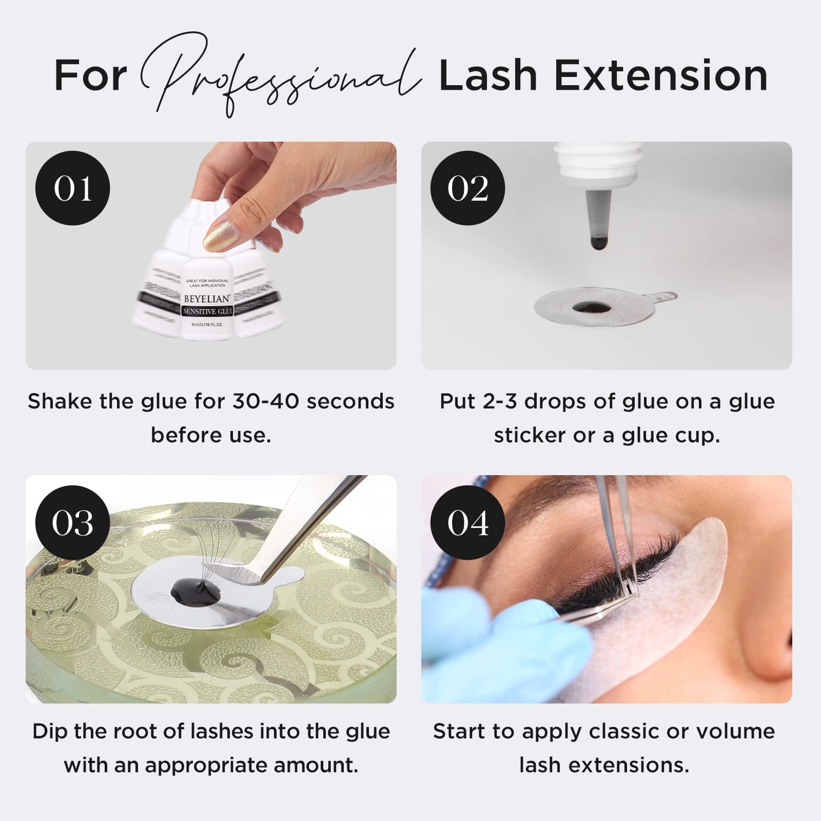 BEYELIAN Individual Lash Glue, DIY Lash Clusters Glue, 3-4 Sec Drying Time Eyelash Extension Adhesive for Professional and Self Use Individual Cluster Lashes, No Irritation, Black 5ml