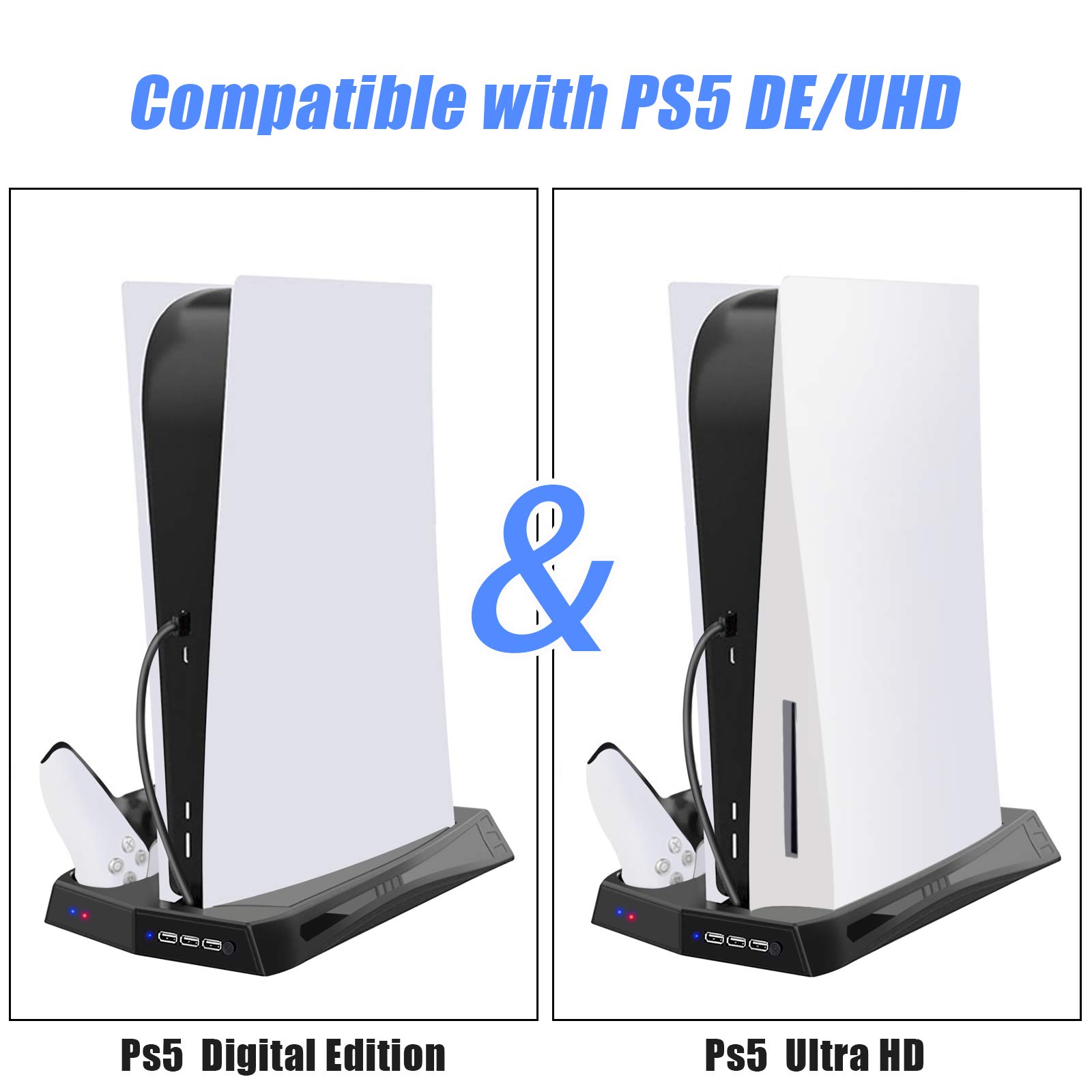 PS5 Controller Charger Vertical Charging Stand for Playstation 5, Dual Cooling Fan Charging Station Dock with 3 USB Ports for Dual Controllers ( Indicator Included)