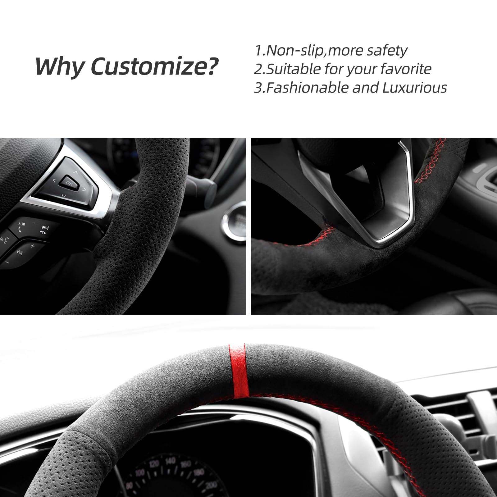 Alfanxi Hand Stitch Alcantara Steering Wheel Cover Compatible with Ford Edge Fusion Energi Hybrid Galaxy Mondeo S-MAX 2014-2020 (Red Stripe)