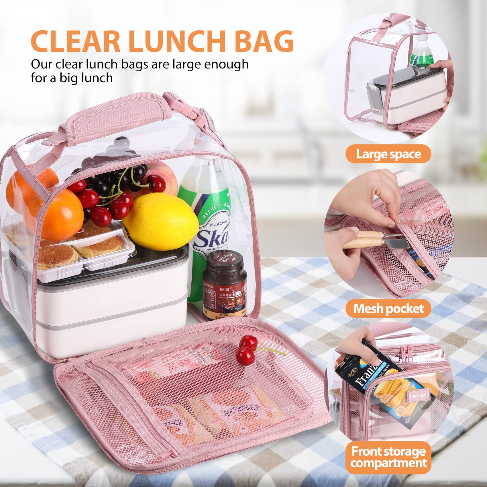 BORMELUN ® Large Pink Clear Lunch Bags for Girls,See Through Plastic Lunch Box,Tote Handle for Women,Office,School Picnic(11x9x6 inches)