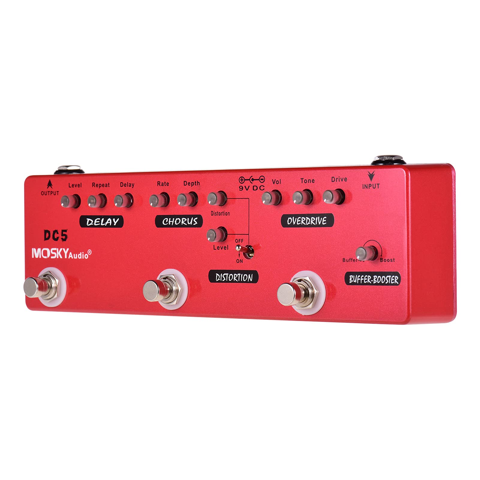 Beffin MOSKY DC5 MMulti-effect Guitar Pedal,Six-in-one Reverb Modulation Effect Pedal,Delay,Chorus Distortion,Overspeed,Boost,Buffer Full Metal Shell,Red