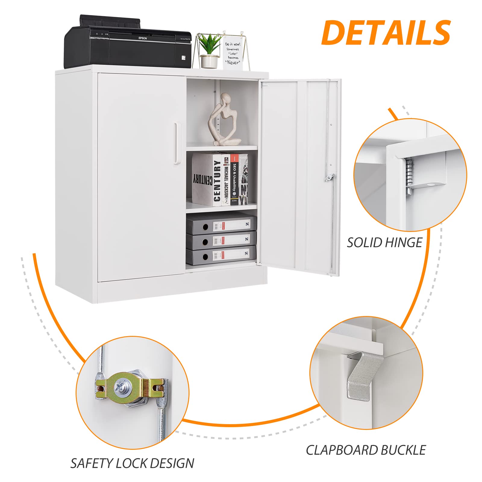 Anxxsu Metal Storage Cabinet, Lockable Steel Storage Cabinet with 2 Doors and Shelves, White Metal Cabinet with Lock, Small Locking Cabinet for Home Office