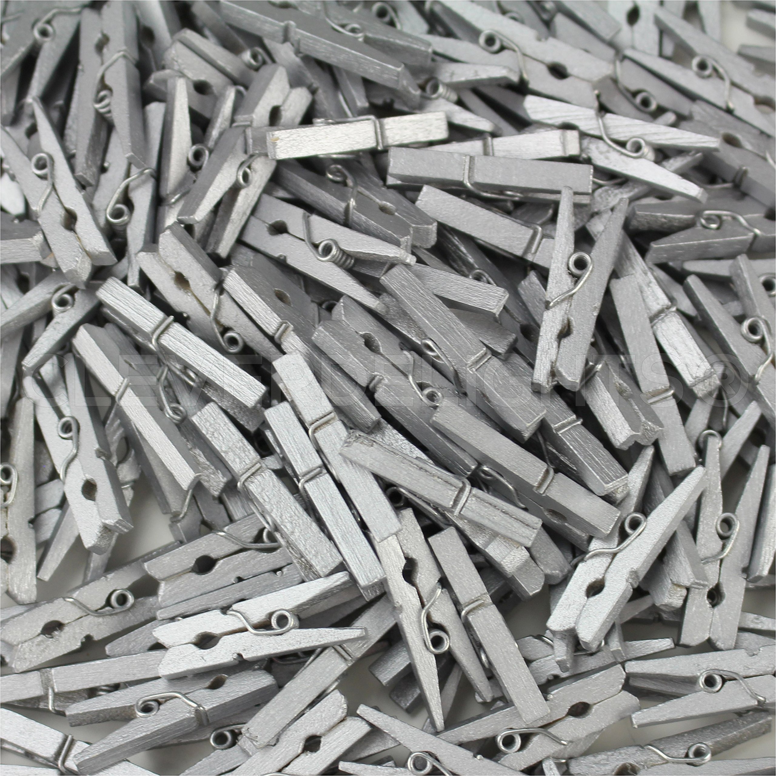 CleverDelights 1 1/8" Mini Wood Clothespins - Metallic Silver - 100 Pack