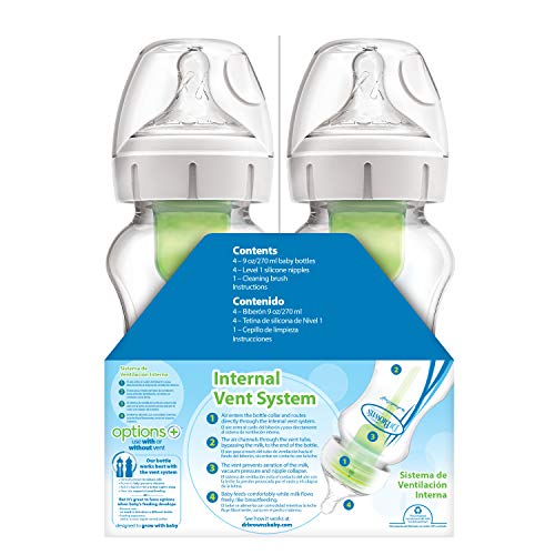 Dr. Brown’s Natural Flow® Anti-Colic Options+™ Wide Baby Bottles, 9 oz/270ml, with Level 1 Slow Flow Nipple, 4 Pack Good Morning/Good Night Gift Set