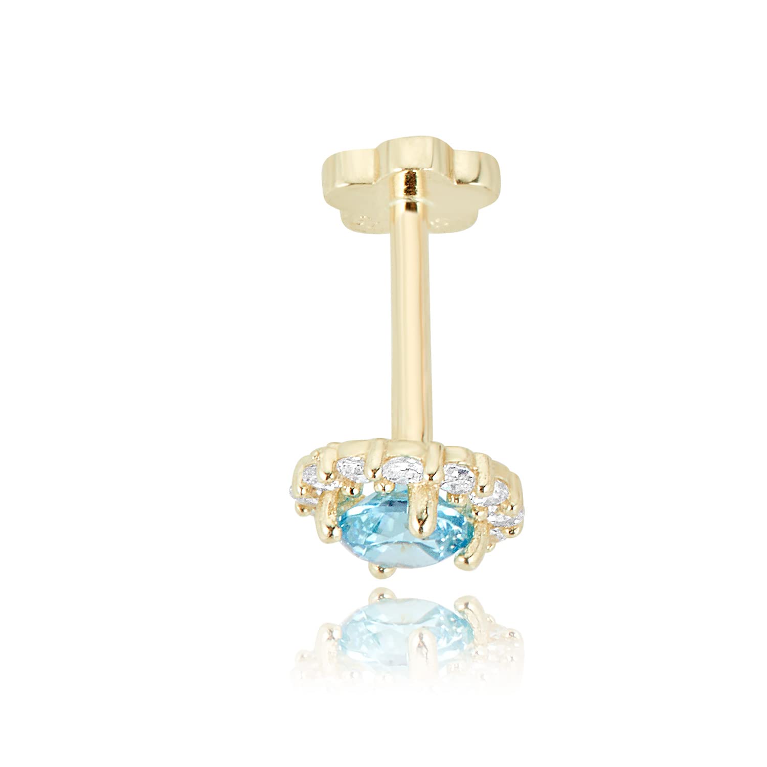 AVORA 14K Yellow Gold Blue and White Simulated Diamond CZ Halo Cartilage Piercing Flat Back Earring Body Jewelry (18 Gauge)