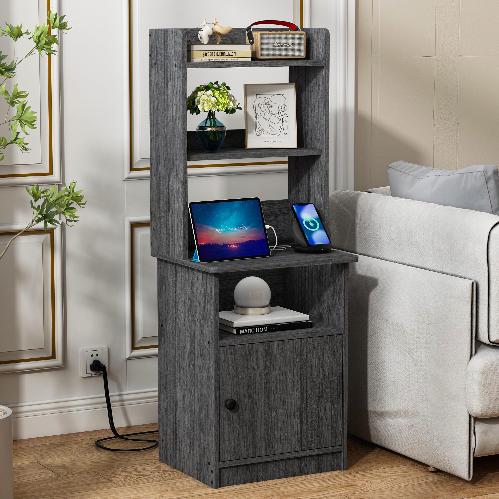 Clikuutory 47" Tall Nightstand with Charging Station & LED Lights, Large Nightstand with Adjustable Bookshelf, Modern Bedside Table with Storage Cabinet for Bedroom, Home Office, Grey