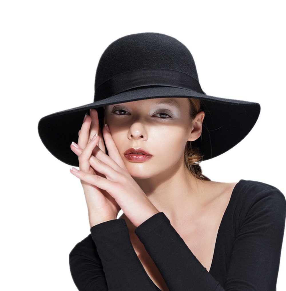 Anycosy Wool Floppy Hat for Women Wide Brim Felt Fedora Hats Cloche Bowler Cap(Black)