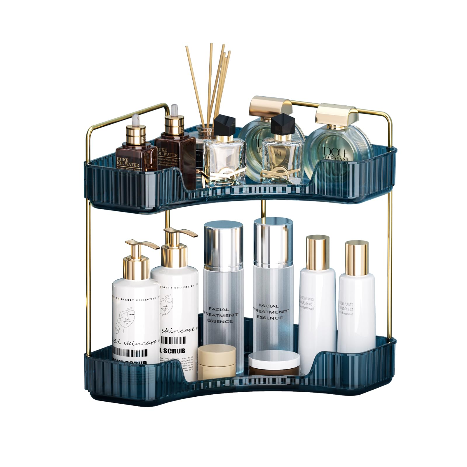 Weidace Corner Bathroom Counter Organizer Bathroom Countertop Shelf Makeup Organizer for Vanity Perfume Tray for Corner Storage (2 Tiers, Blue)