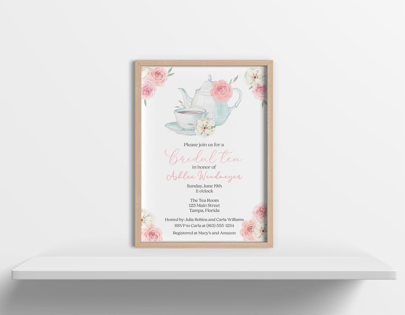 Bridal Shower Invitations Wedding Tea Party Invites Pink English British High Tea Cup Floral Flowers Cake Cookies Brunch Luncheon Customized Printed Cards (12 Count)