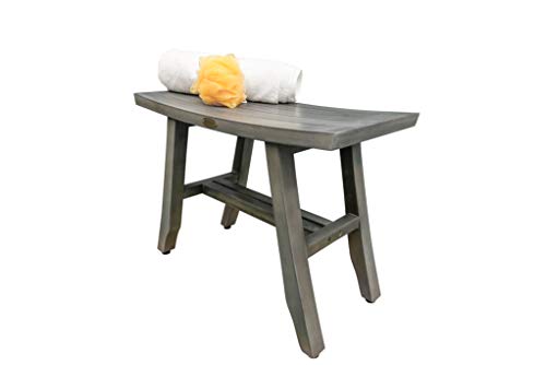 CoastalVogue Teak Wood Satori Shower Bench Teak Shower Stool with Curved Seat 24" Long Wooden Seat Shower Bench in Antique Gray Finish