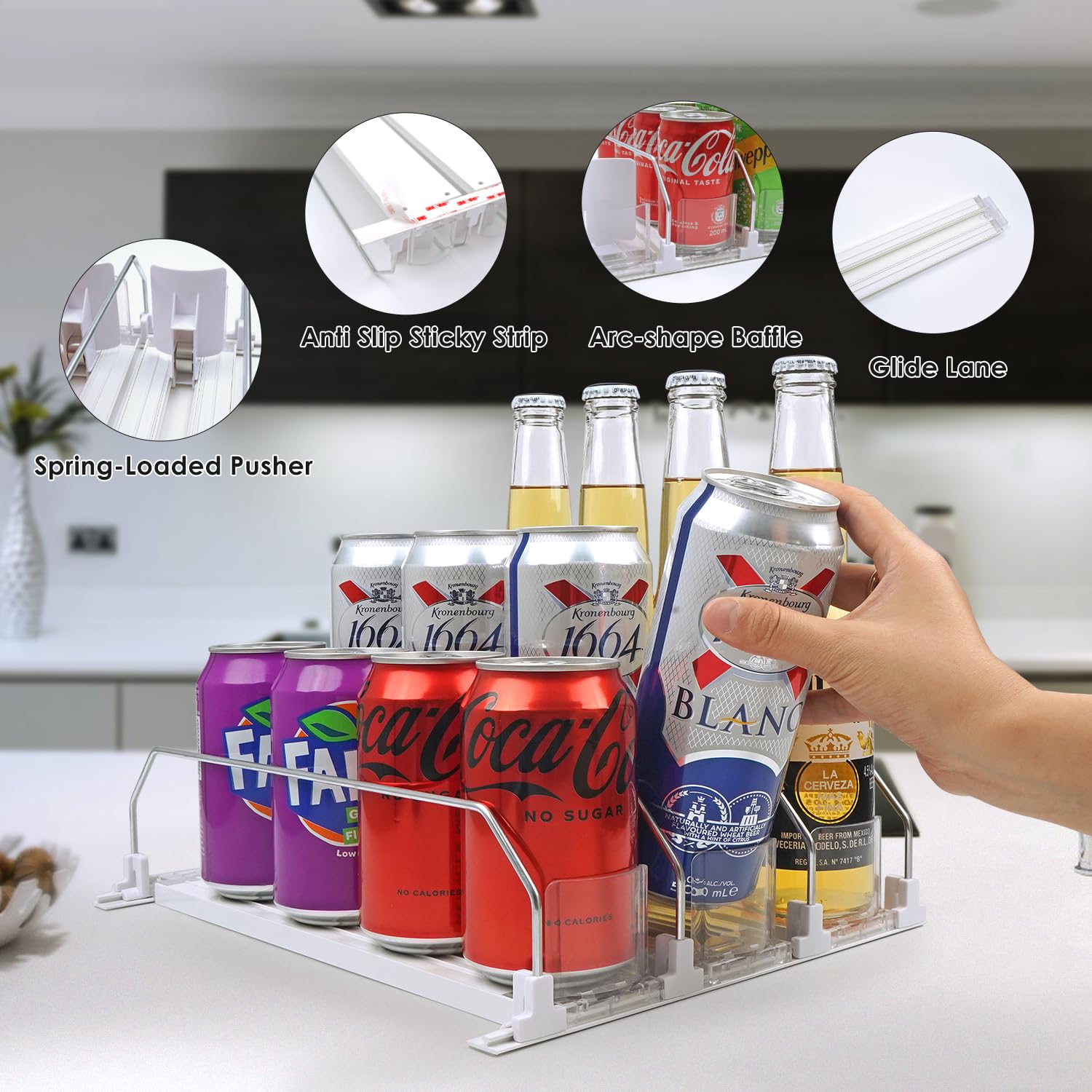 BUDO Drink Organizer for Fridge, Soda Can Dispenser for Refrigerator, Width Adjustable Self-Pushing Drink Dispenser Fridge Organizer for Pantry Kitchen-3 Rows, 15 inch, White