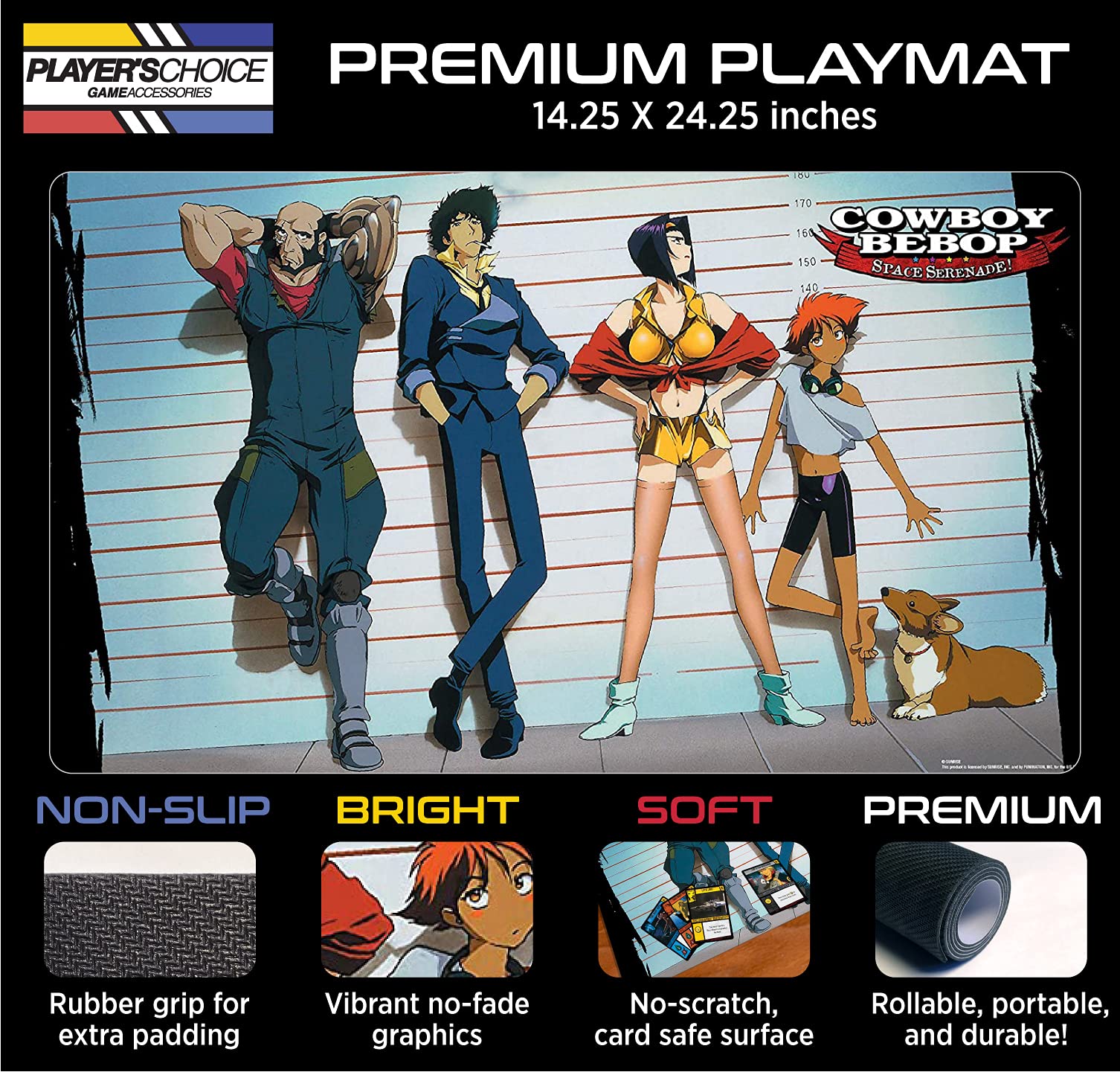 Japanime Games Cowboy Bebop: The S Suspects Playmat Gaming Playmat | Large Size (24” x 14”) | Premium Neoprene Surface, Non-Slip Base | Your Favorite Heroes