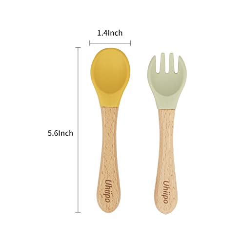 Baby Self Feeding All Natural Beech Wood Fork and Spoon Set - BPA Free, Toddler Tableware, Suitable For Stage 1 Babies - Soft Curved Food Grade Silicone Head, Gum Friendly Training (PINK)