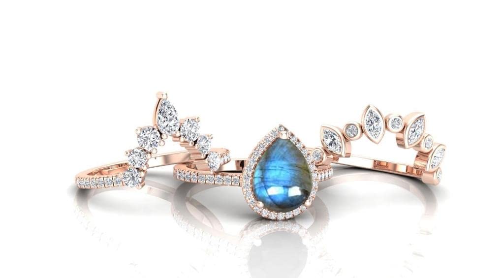 Blue Fire Cab Stone Natural Labradorite Engagement Ring Set, Antique 3Pcs Wedding Bridal Ring Set,Vintage Halo Ring Set, Teardrop Stone Ring