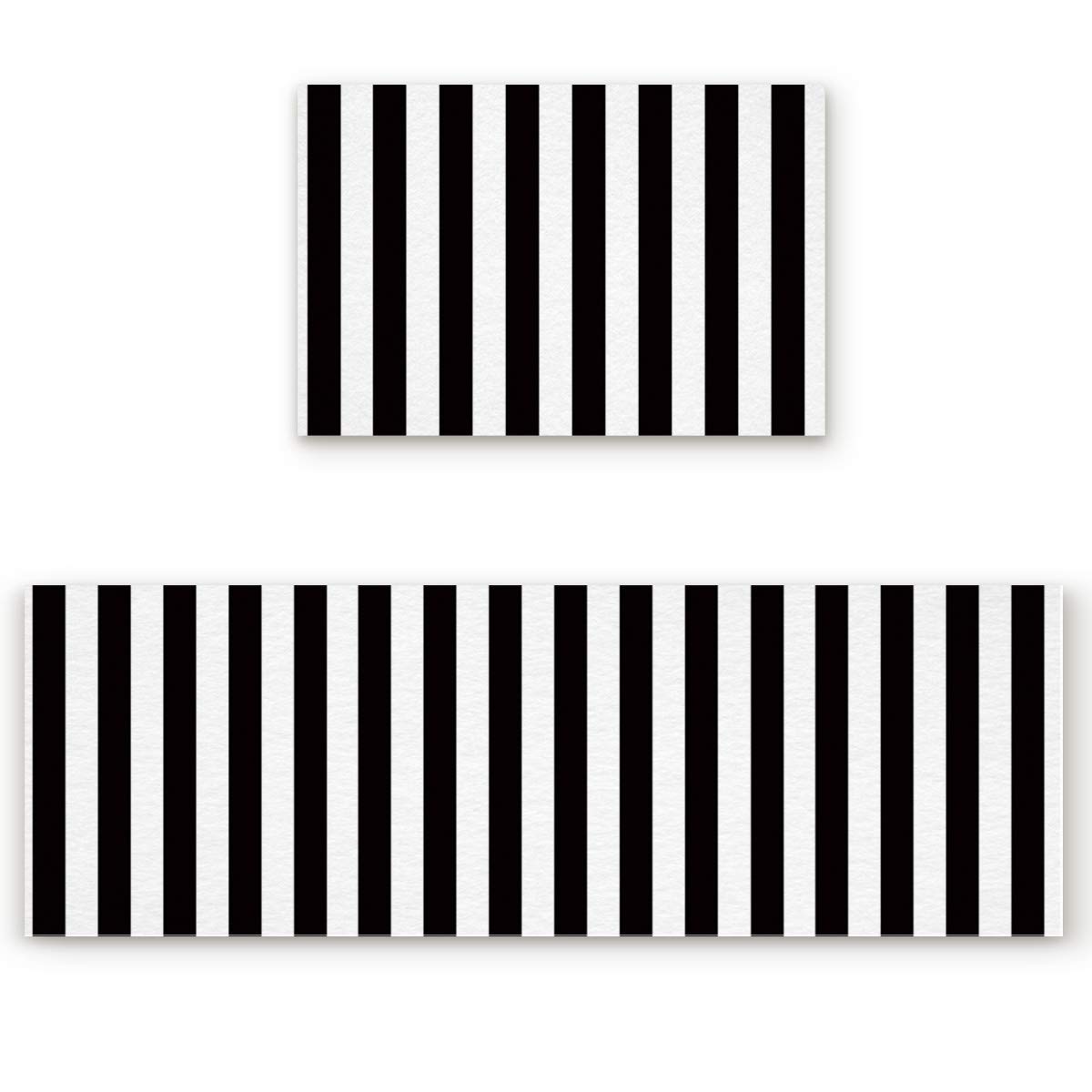 Black White Stripes Kitchen Rugs and Mats Set of 2, Washable Floor Doormat Comfort Area Runner Rug Non-Slip Rubber Backing for Indoor Classic Modern Striped