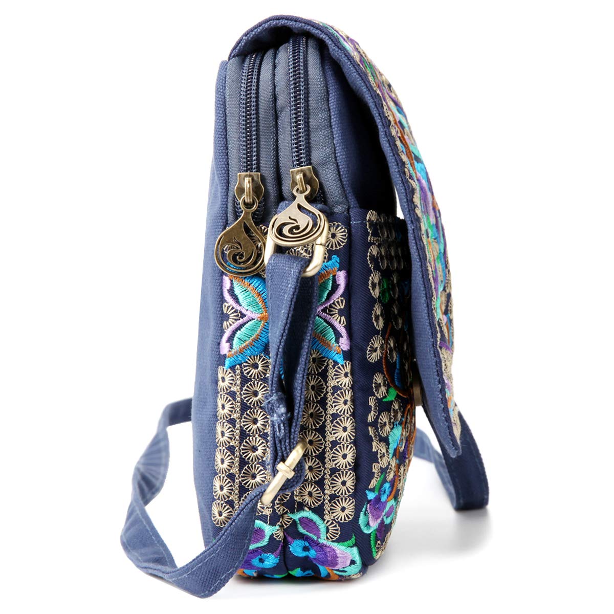Embroidered Small Canvas Crossbody Bag Cell Phone Bag for Women Handmade Mini Shoulder Bag Wallet Bag Pouch(Blue)