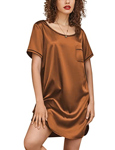 eshion Womens Silk Nightgowns Satin Night Shirts Short Sleeve Pajama Dress O Neck Nightwear with Chest Pocket Khaki Medium