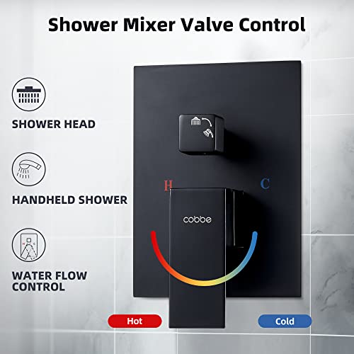 Cobbe 12 Inch Shower System, Black Shower Faucets Sets Complete with Valve High Pressure Rain Shower Head, Bathroom Mixer Shower Set Wall Mounted Matte Black (Faucet Rough-in Valve Body and Trim)