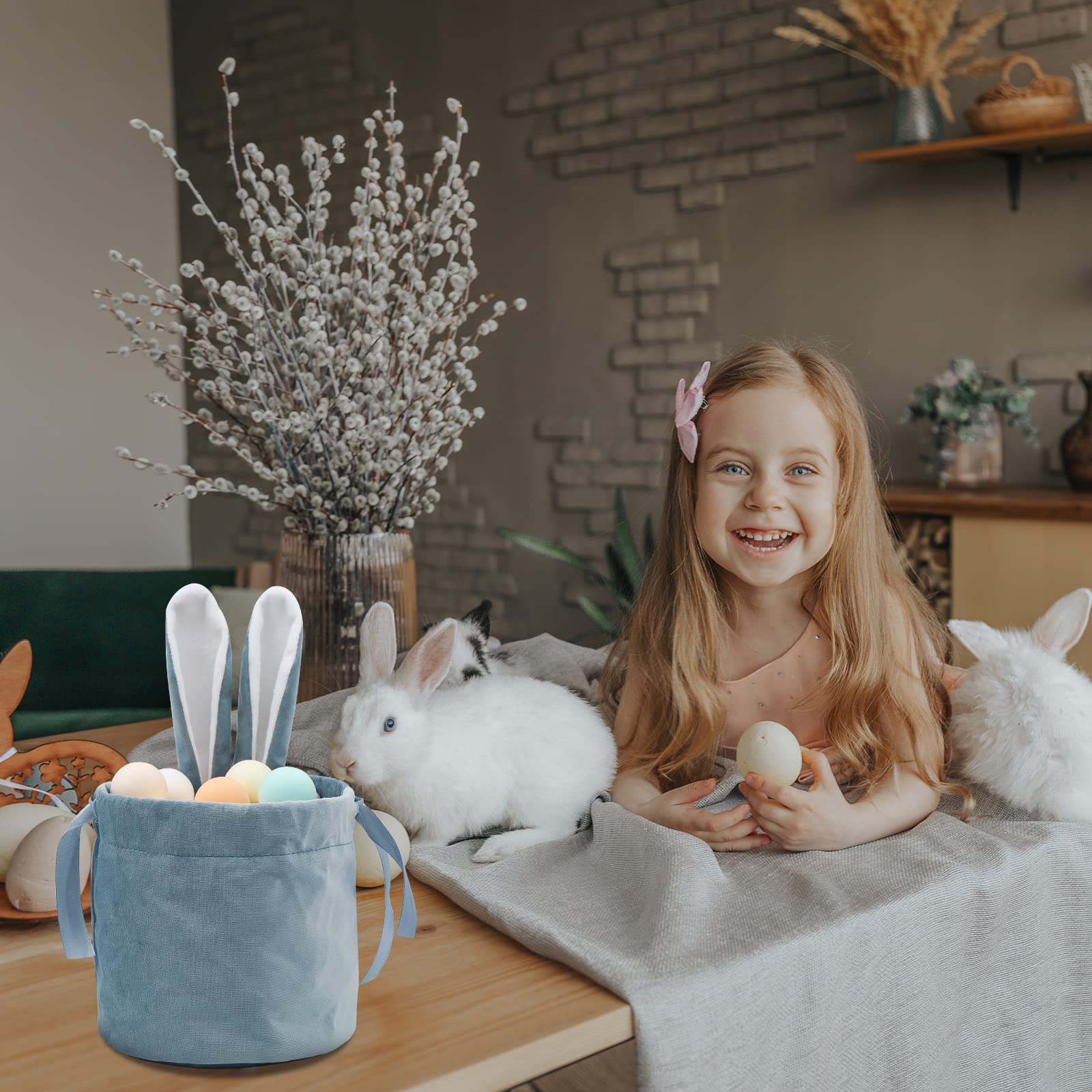EMBRUNIOICE Easter Candy Gift Bags for Baby,Velvet Bunny Easter Treat Bags,Easter Egg Hunt Bags,Easter Drawstring Goodie Gift Bags for Baby Party Supplies(Blue)