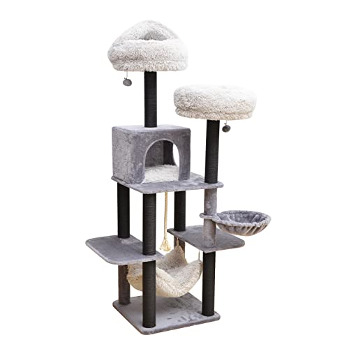 Catry Babylon Cat Tree - A Dynamic Complex Cat Tower with Cat Hammock, Scratching Post, and Playful Toys Invariably Trap Kitten to Stay Around This Easy Assembled Sturdy Cat Furniture, Classic Grey