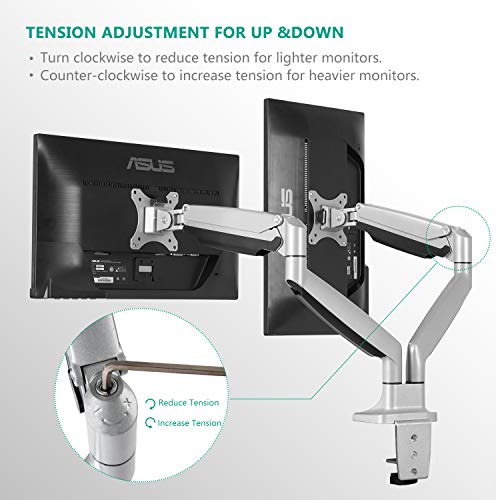EleTab Dual Monitor Mount Stand Full Motion Swivel Gas Spring LCD Arm Fits for 2 Computer Screens 13 to 32 inches - Each Arm Holds up to 19.8 lbs