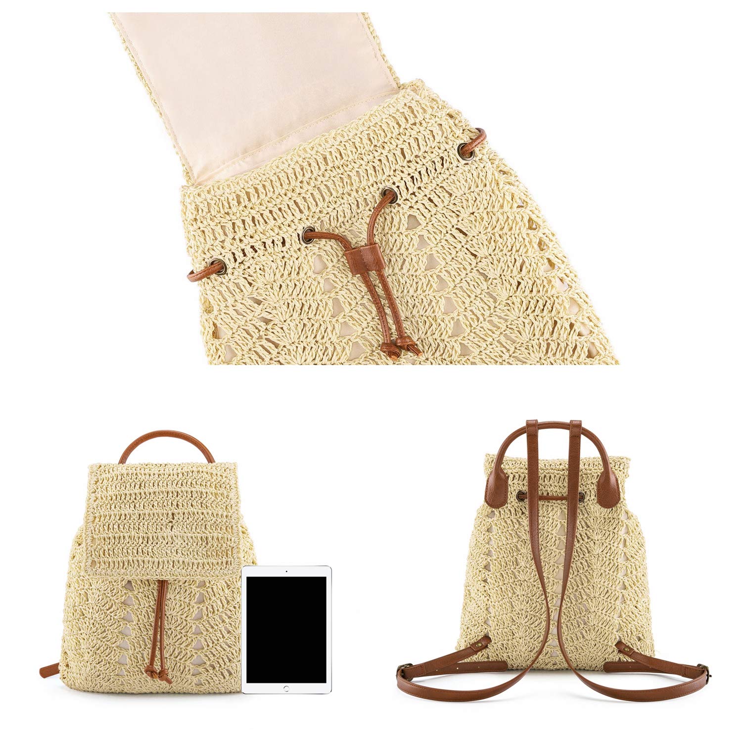 Ayliss Women Straw Beach Handbag Backpack Shoulder Handbag Summer Beach Woven Handmade Tote Purse Hobo Bag Rucksack Daypack (Beige)