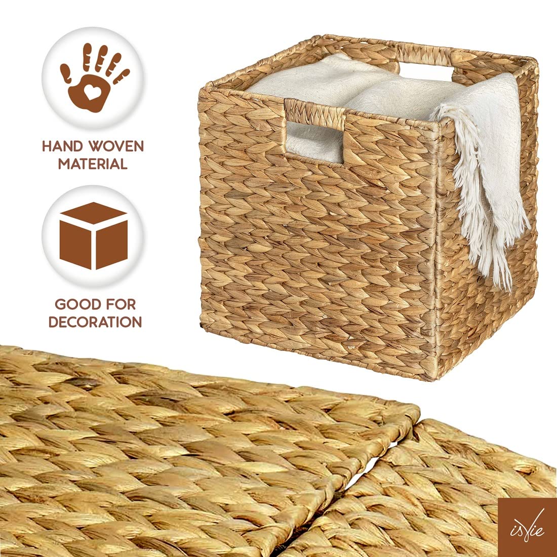 IsVie Woven Hyacinth Storage Baskets 4 Pack, Rectangle Storage Container Organizer Baskets with Built-in Handles Home Organizing Laundry Organizer Cube Baskets (Natural, Set of 4)