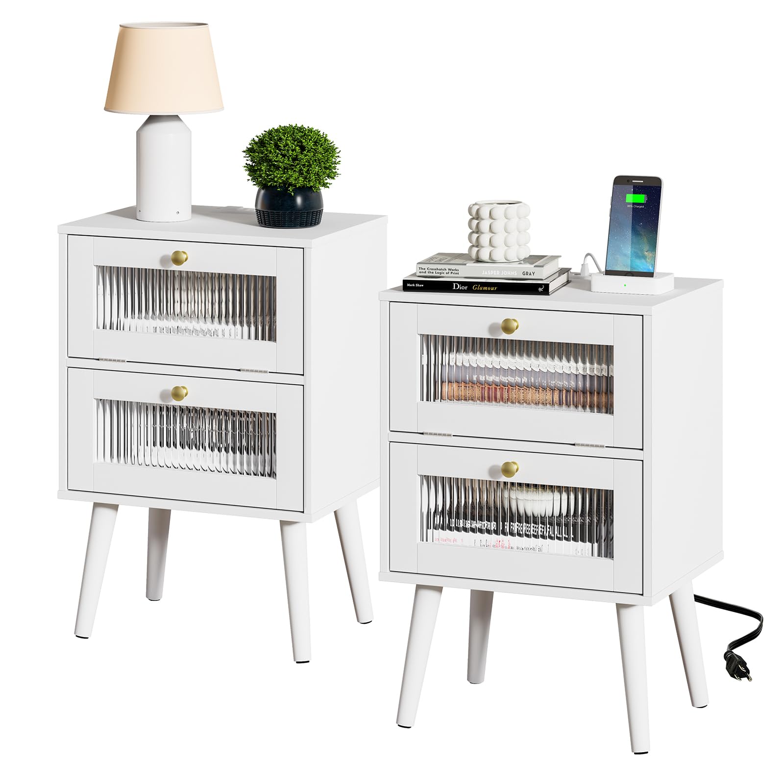 Lomojo Night Stand Set of 2, Nightstand with Charging Station, Mid Century Modern Bedside Table with Glass Decorative Drawer,2 Tiers End Table Side Table with Solid Wood Feet White (Modern, 2)