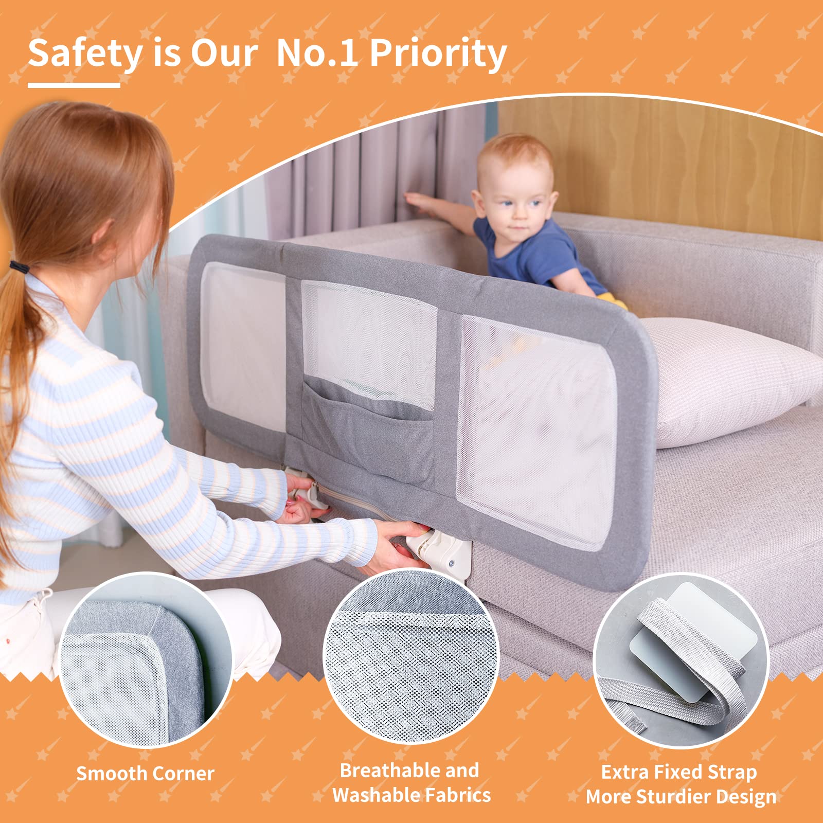 Bed Rail For Toddlers, Extra Long 41.3'' Baby Bed Rail Guard For Kids, 180° Up Side Down Foldable Portable Bed Fence, Infants Bed Guardrail For Travelling Hotel, Home, Full Twin Queen King Mattress
