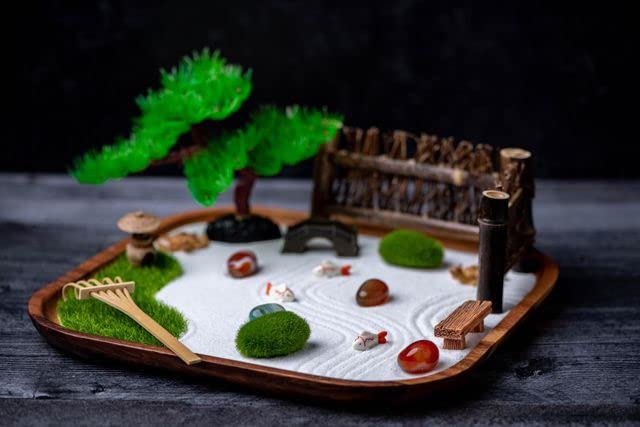 COCORO DIY Desktop Zen Garden for Desk and Office Accessories Includes Zen Garden Sand, Rocks, Rake, Moss Stones, Fishes, Lantern, Bridge, Bench, Baby Pine Tree, Pine Tree, and Turtle