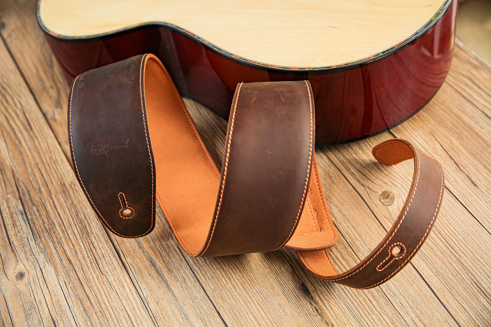 Jeereal Full Grain Genuine Padded Leather Guitar Strap (2.75inches Width) for Electric, Acoustic, and Bass Guitars (Red Brown)