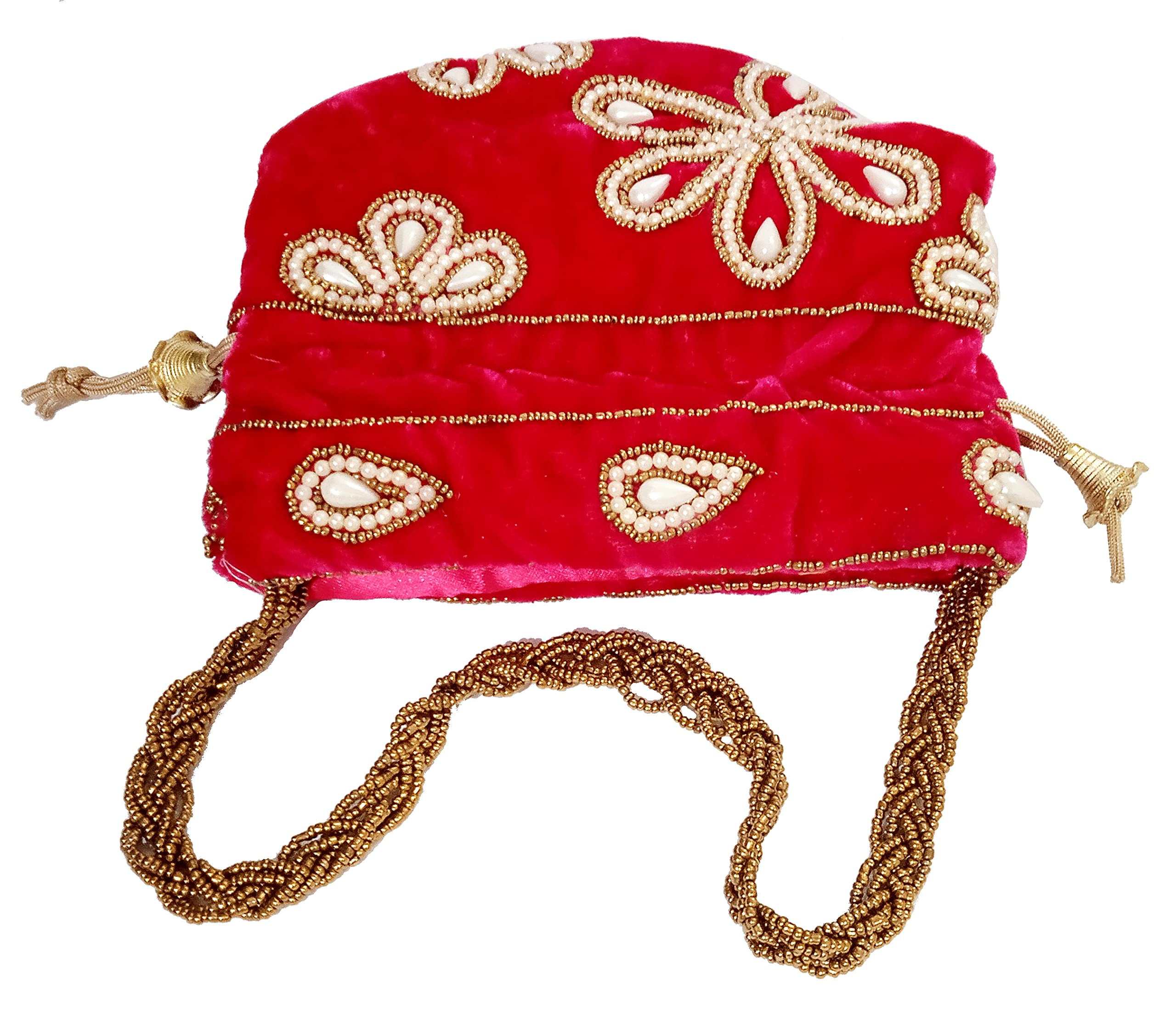 Purpledip Chenille Potli Bag (Clutch, Drawstring Purse): Intricate Bead Work Satchel Handbag, Pink (12396D)