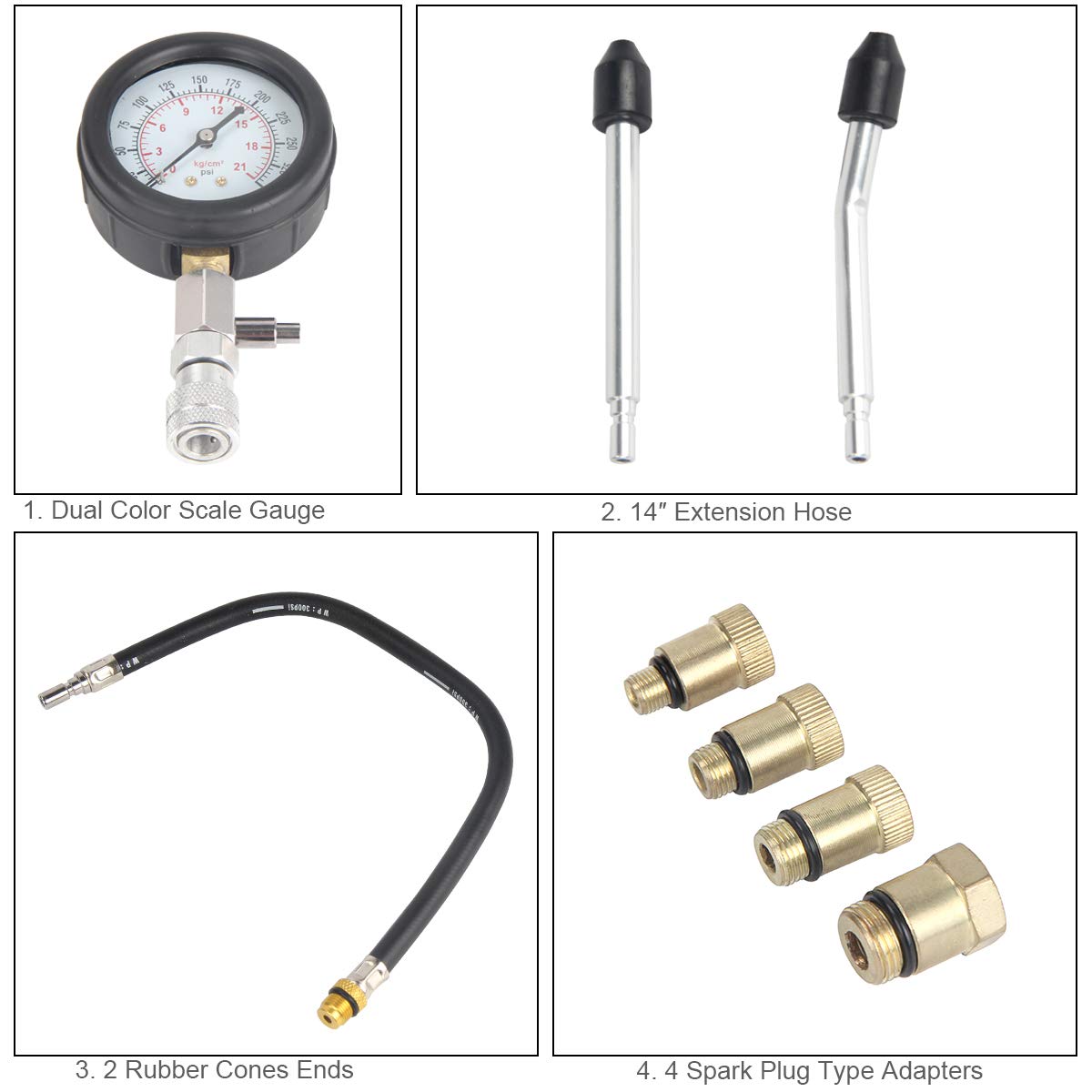 AutoRocking Petrol Cylinder Compression Tester Kit Gas Engine Leakage Diagnostic Tools 0-300 PSI Dual Scale Pressure Gauge Extension Hose Spark Plug Adapters for Car Motorcycle Lawn Mower